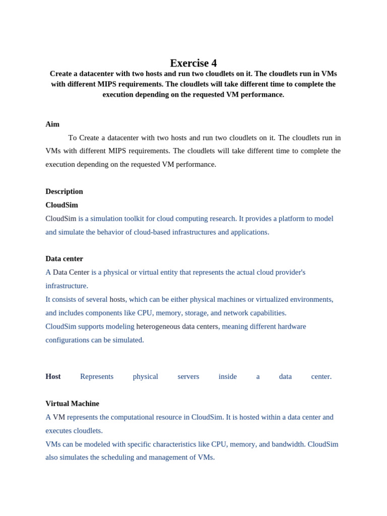 Exercise 4: Cloudsim | PDF | Virtual Machine | Cloud Computing