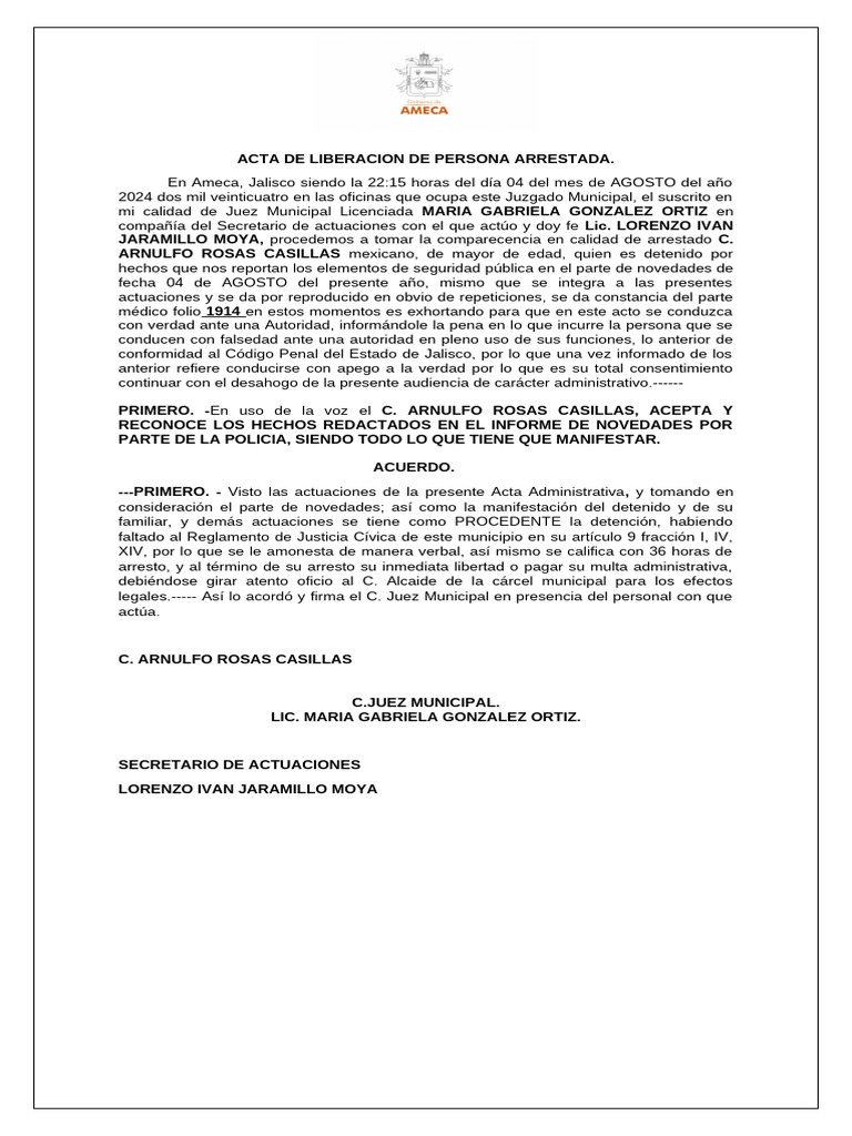 Acta de Liberacion de Persona Arrestada | PDF