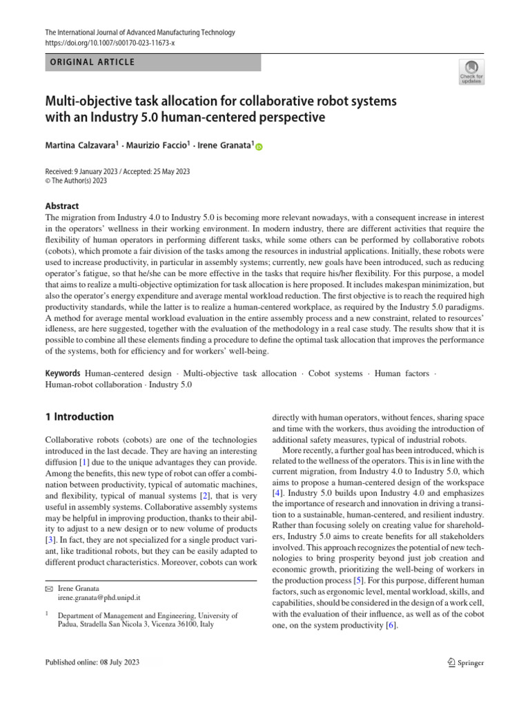 Multi Objective Task Allocation For Collaborative Robot Systems With An