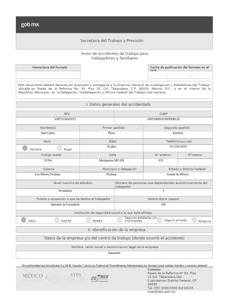 STPS Formato de Aviso de Accidentes de Trabajo para Trabajadores y ...
