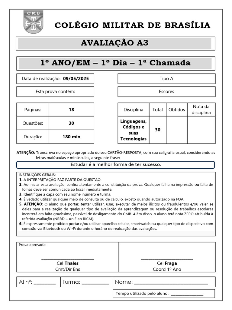 A3 - 1ºano - 1CH - Dia1 - Tipo A-Caderno Do Aluno | PDF | Foods | Healthy Diet