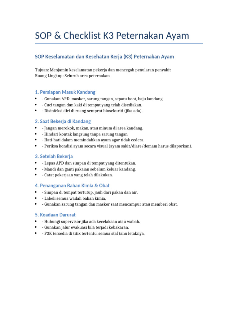 SOP_Checklist_K3_Peternakan_Ayam | PDF