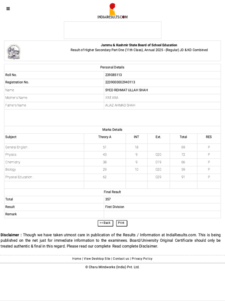 Result of Higher Secondary Part One (11th Class), Annual 2025 ...