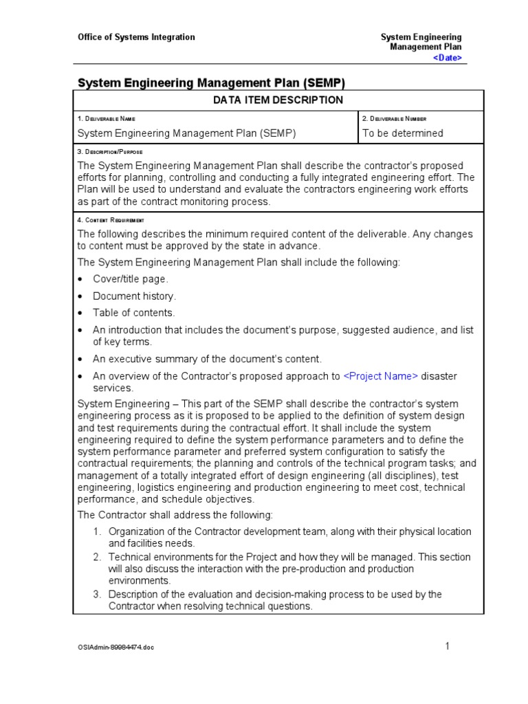 System Engineering Management Plan - DID | PDF | Systems Engineering ...