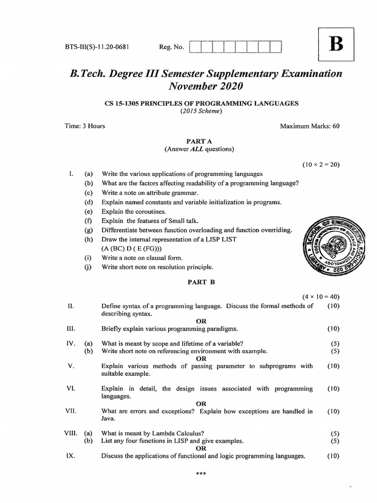 Principles of Programming Languages 2020 Nov (2015 Ad) | PDF
