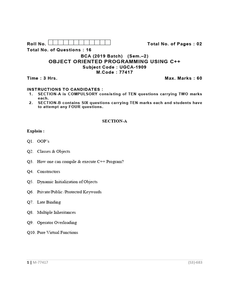 Bca 2 Sem Object Oriented Programming Using CPP 77417 Dec 2020 | PDF ...