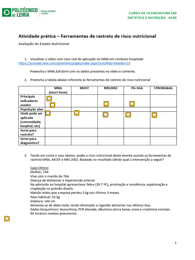 TP6 - Rastreio Risco Nutricional - Atividade Prátical - AEN - 2024 - 25 | PDF