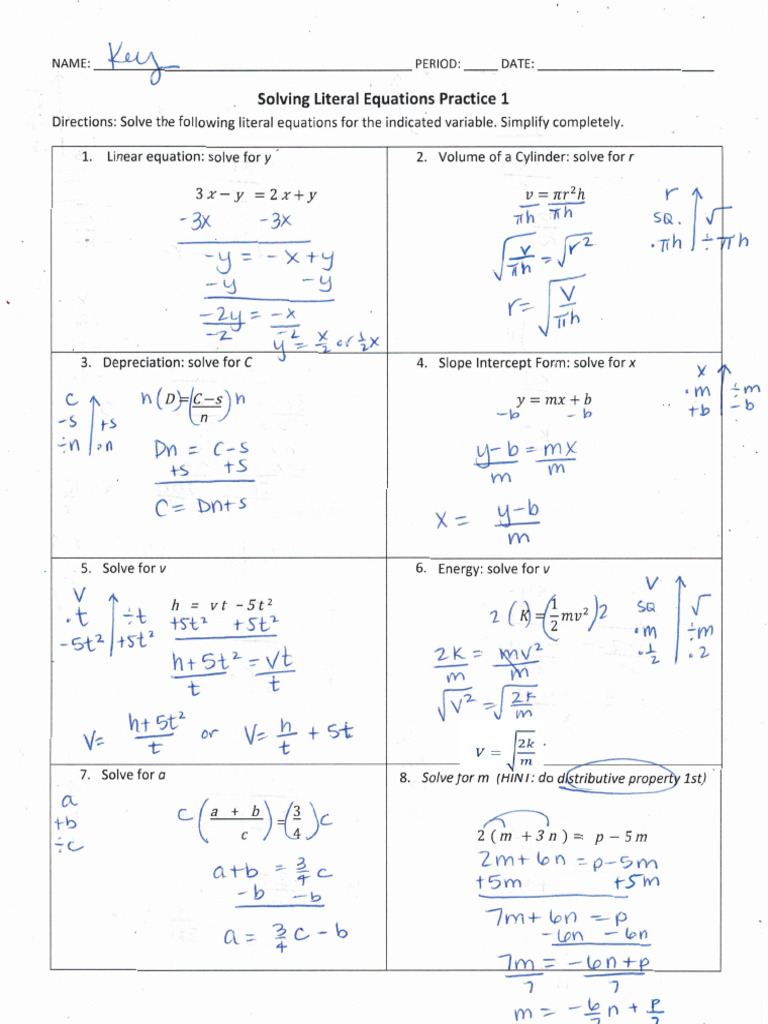 8-15 PRACTICE Literal Equations #1 ANSWERS-2 | PDF