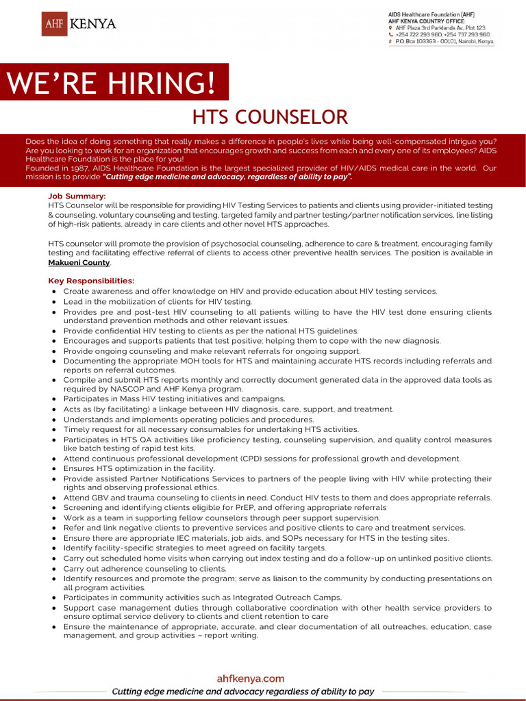 Advertisement - HTS Counselor - Makueni | PDF | Health Care | Hiv/Aids