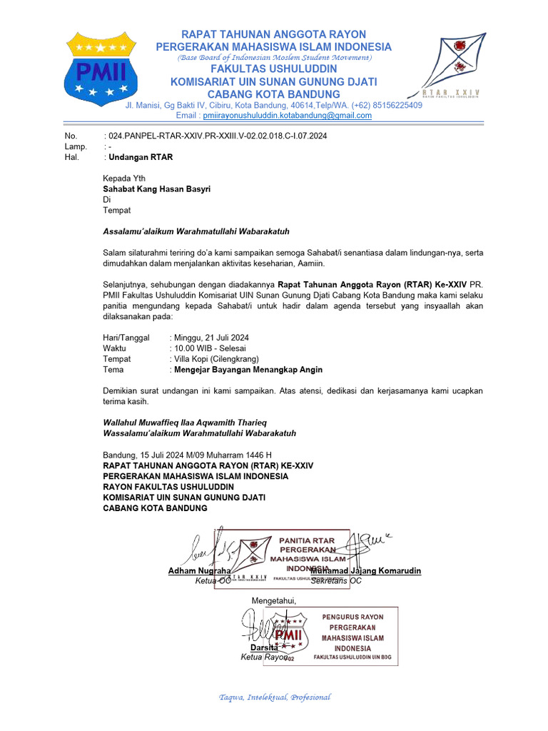 Undangan Rapat Tahunan PMII UIN Bandung | PDF