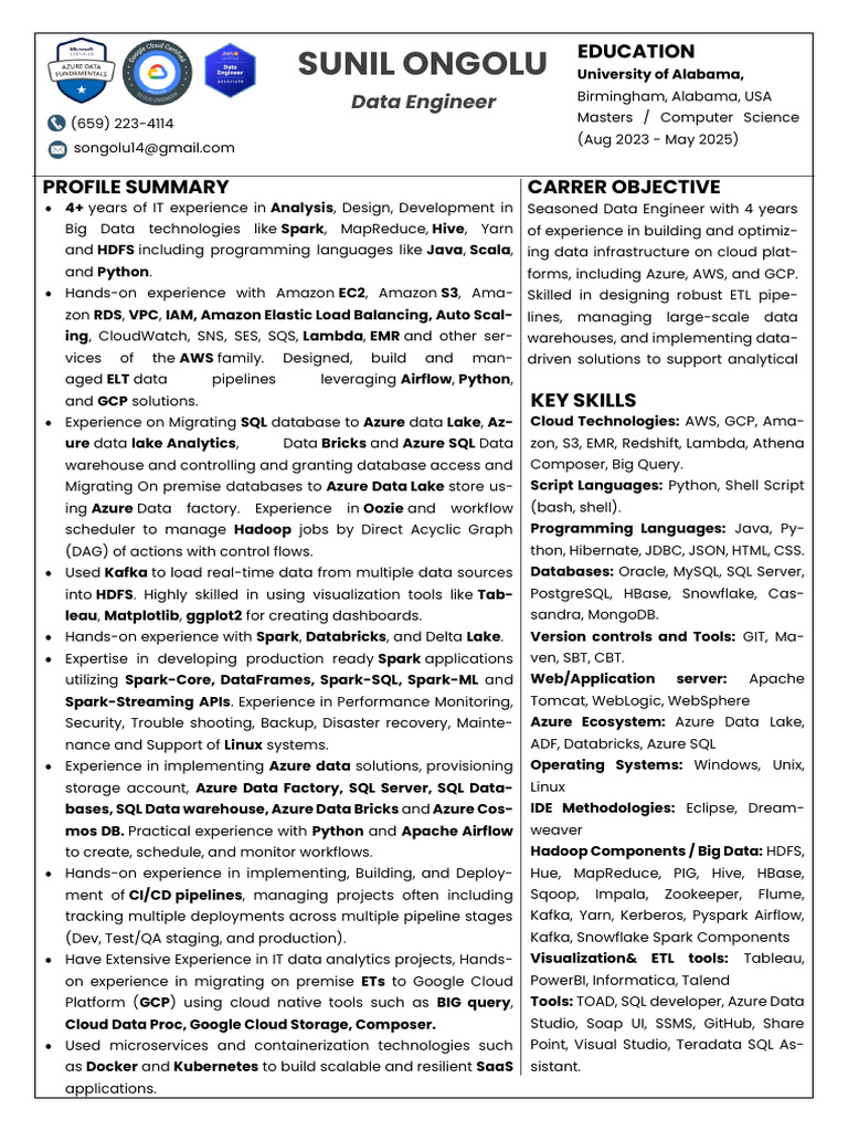 Sunil Ongolu Data Engineer | PDF | Apache Spark | Apache Hadoop