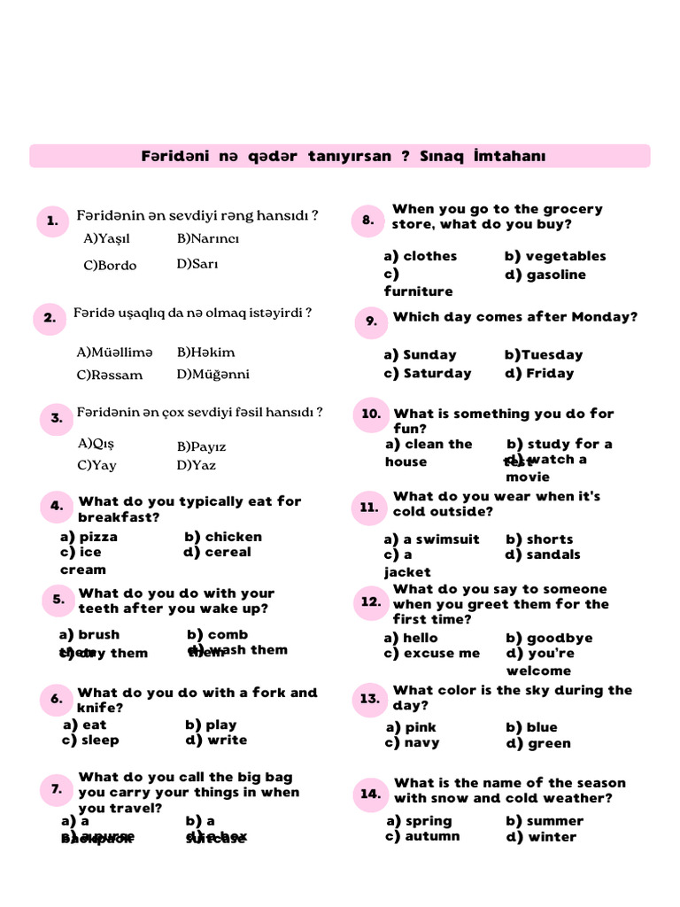 Daily Life Multiple Choice Quiz Worksheet in Orange Simple Style PDF ...