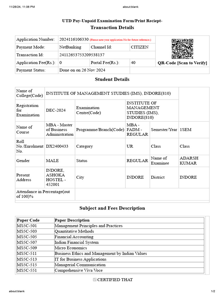 Adarsh Examination Form Slip | PDF
