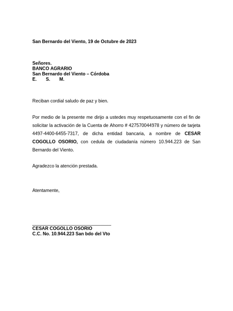 Carta Activacion Cuenta Bancaria | PDF