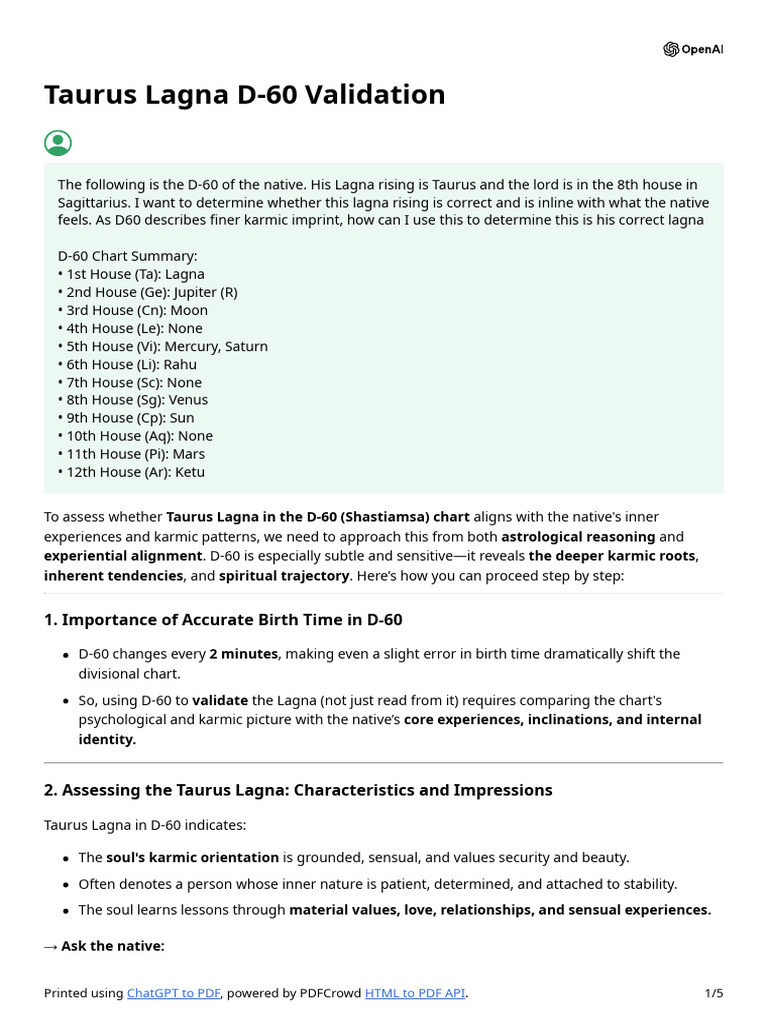 Taurus Lagna D-60 Validation | PDF | Planets In Astrology | Karma