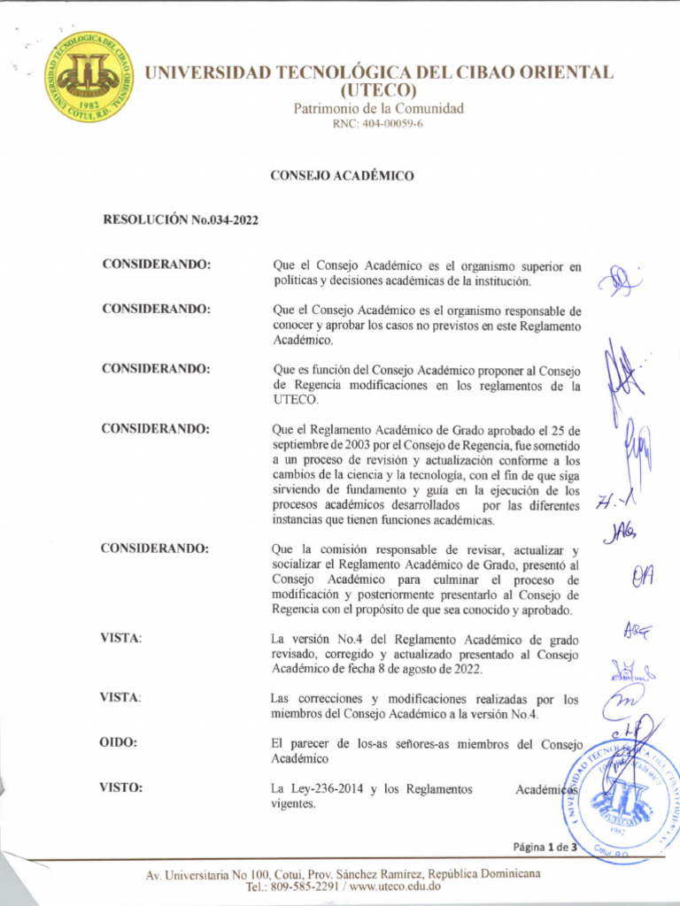 CA 034 2022 Aprobacion Reglamanto de Grado | PDF