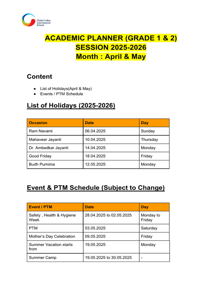 Academic Planner Session 2025-26 | PDF