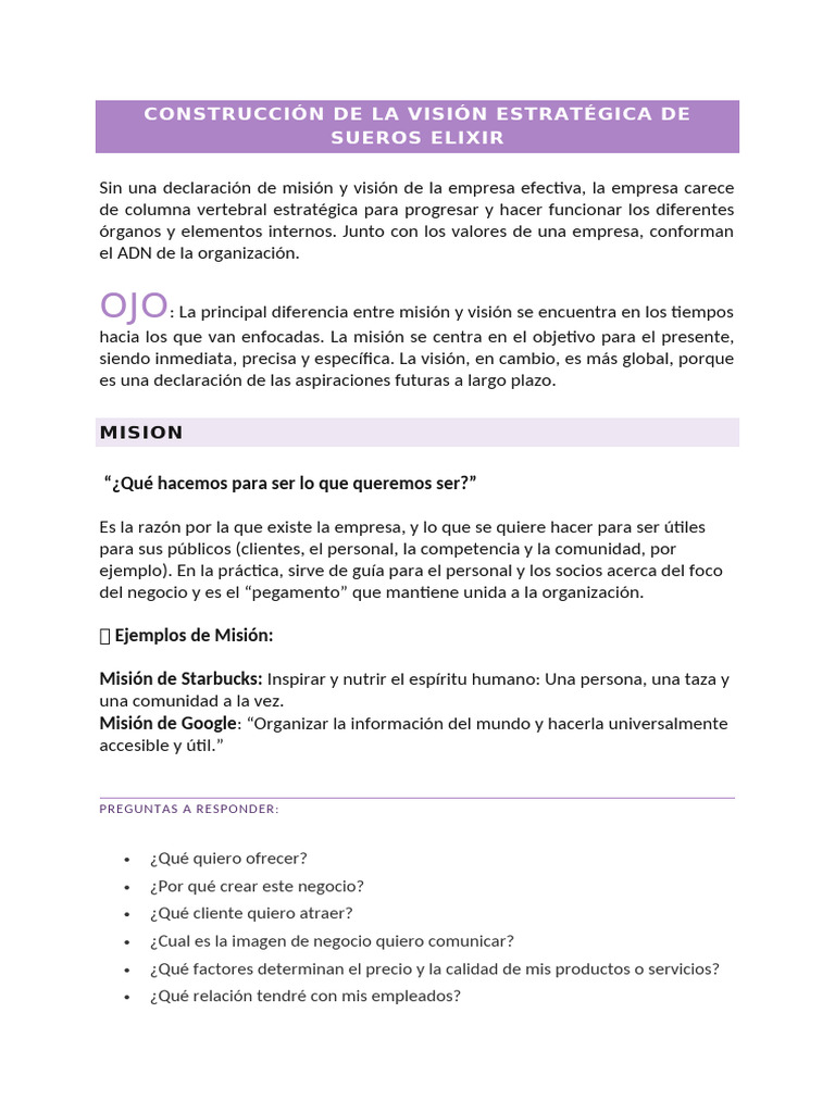 Misión y Visión Estratégica de Sueros Elixir | PDF | Business ...