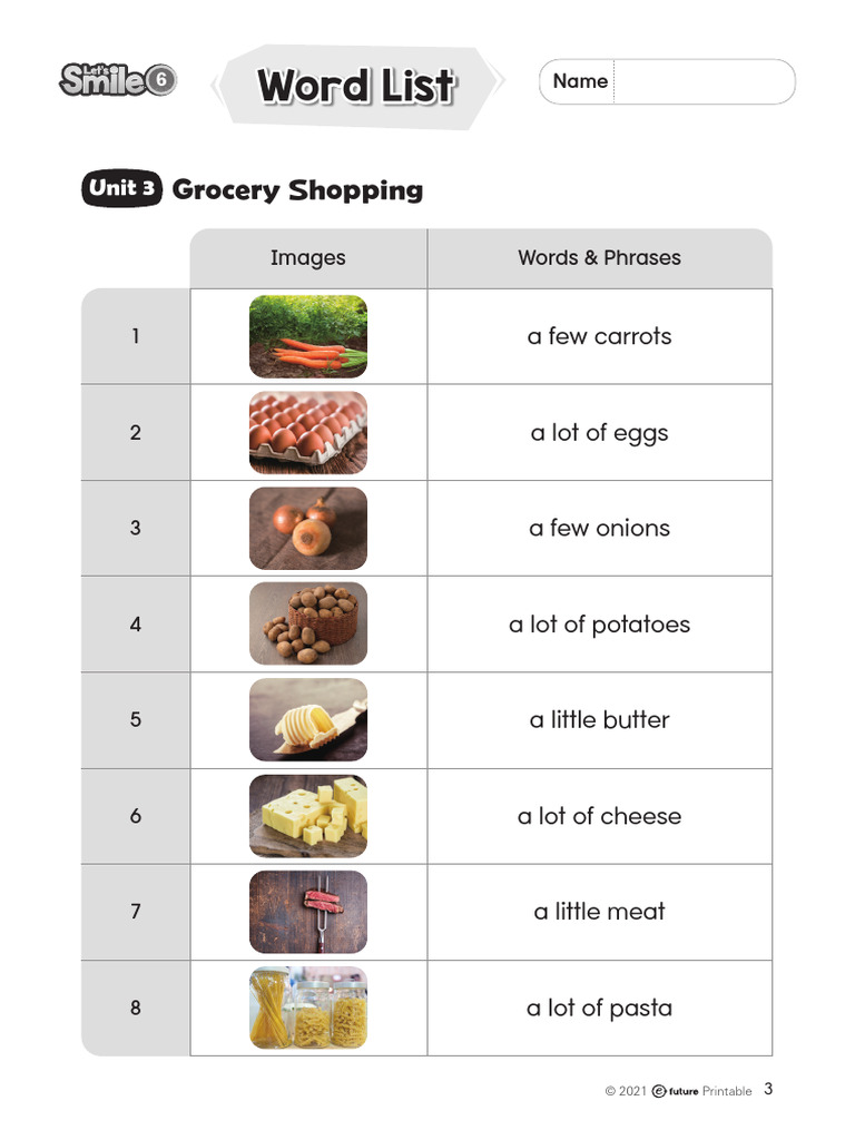 Grocery Shopping Word List Unit 3 | PDF