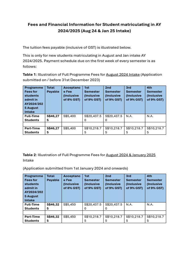 The Tuition Fees Payable AY2425 August Intake | PDF | Tax Refund ...
