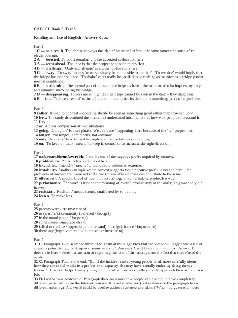 Answer Keys RUE. CAE - C1. Book 2. Test 5. | PDF