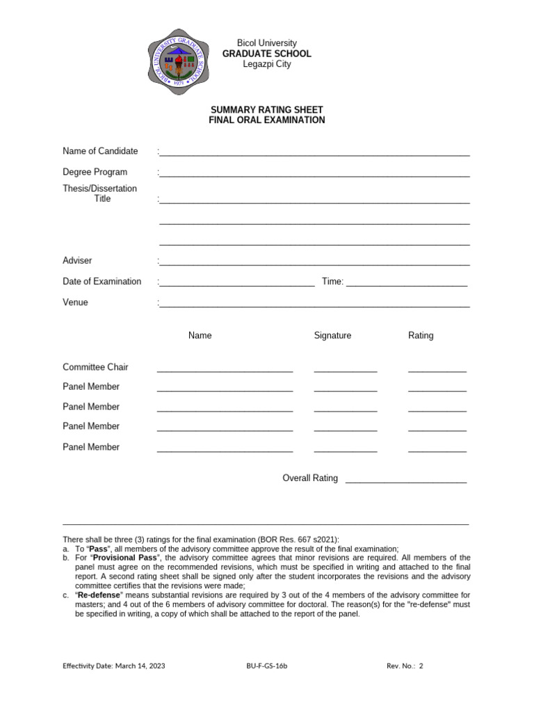 BU-F-GS-16b Summary Rating Sheet Rev2 | PDF | Thesis | Academia