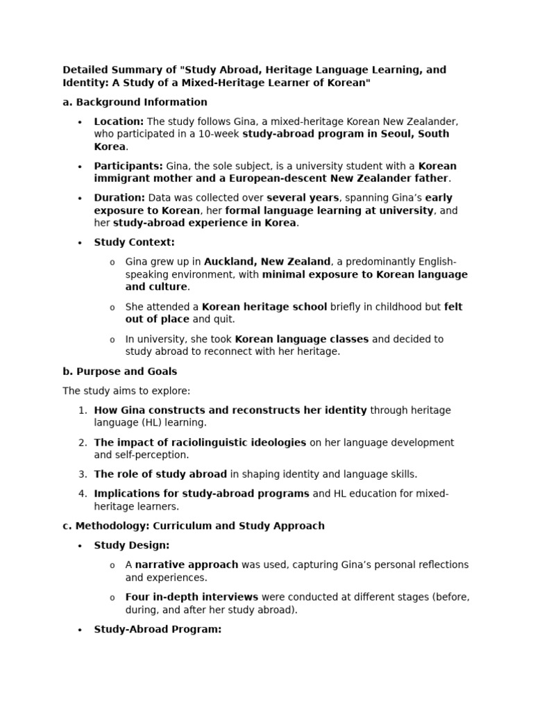 Detailed Summary of Study Abroad, Heritage Language Learning, and Identity A Study of A Mixed ...