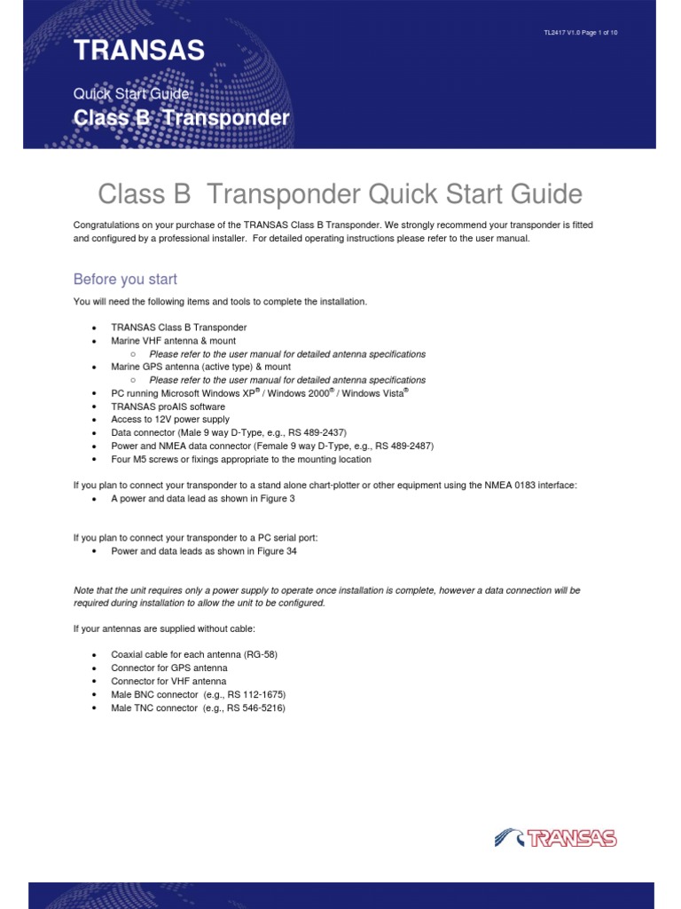 TRANSAS ClassB AIS Transponder Quick Start Guide - 1 | PDF | Electrical ...