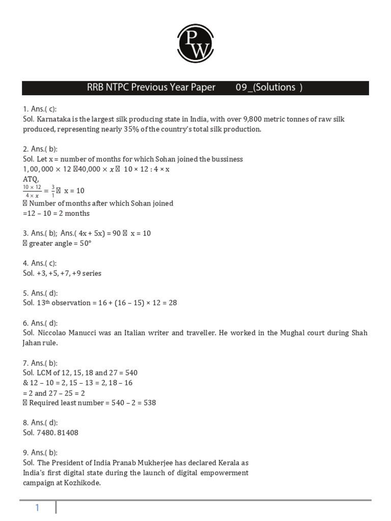 RRB NTPC Previous Year Paper 09 Solutions | PDF