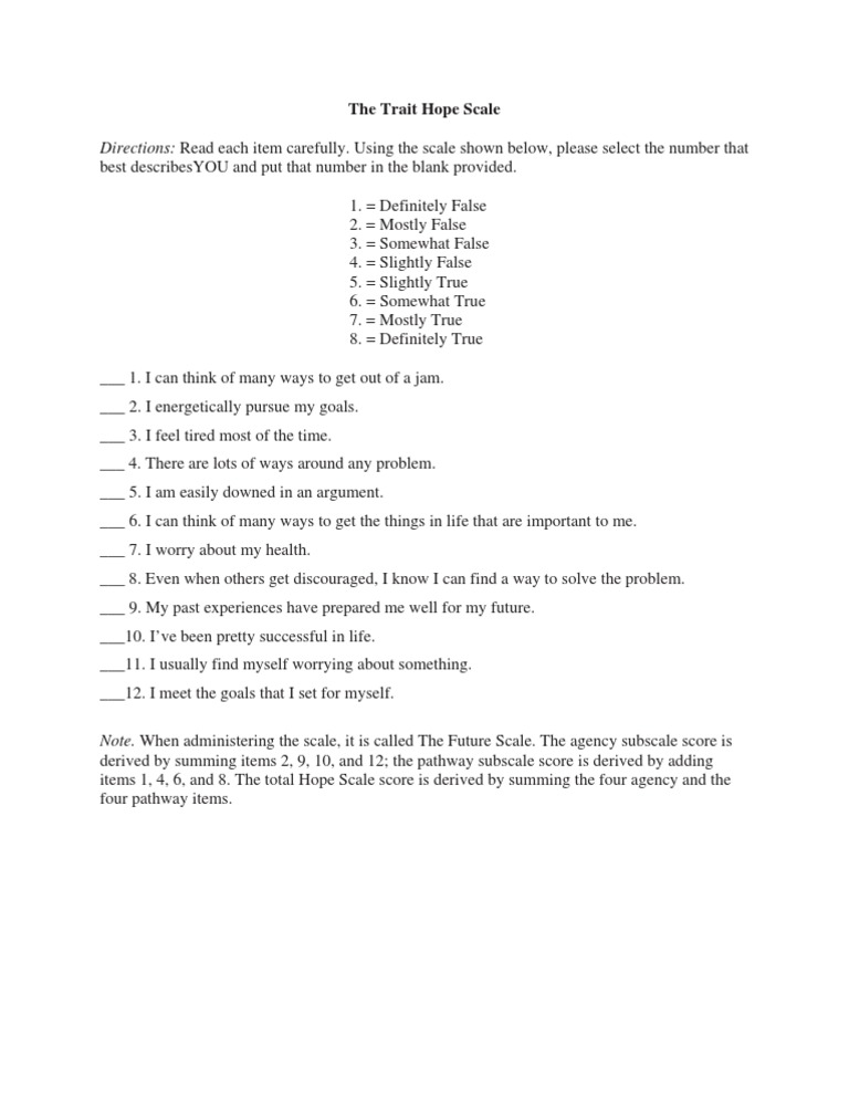 Hope Scale | PDF | Psychology | Psychological Concepts