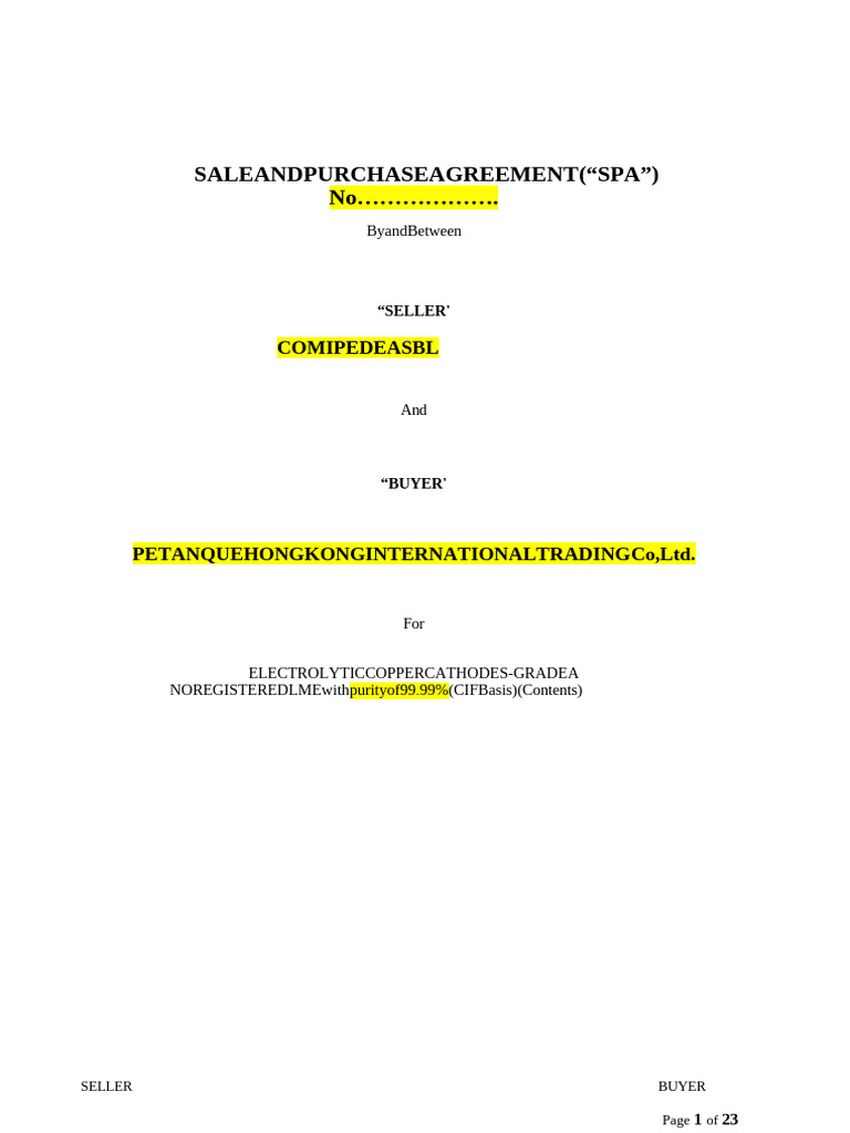 SPA DRAFT PETANQUE INTERNATIONAL Co LTD COPPER CATHODES TO COMIPEDE ...