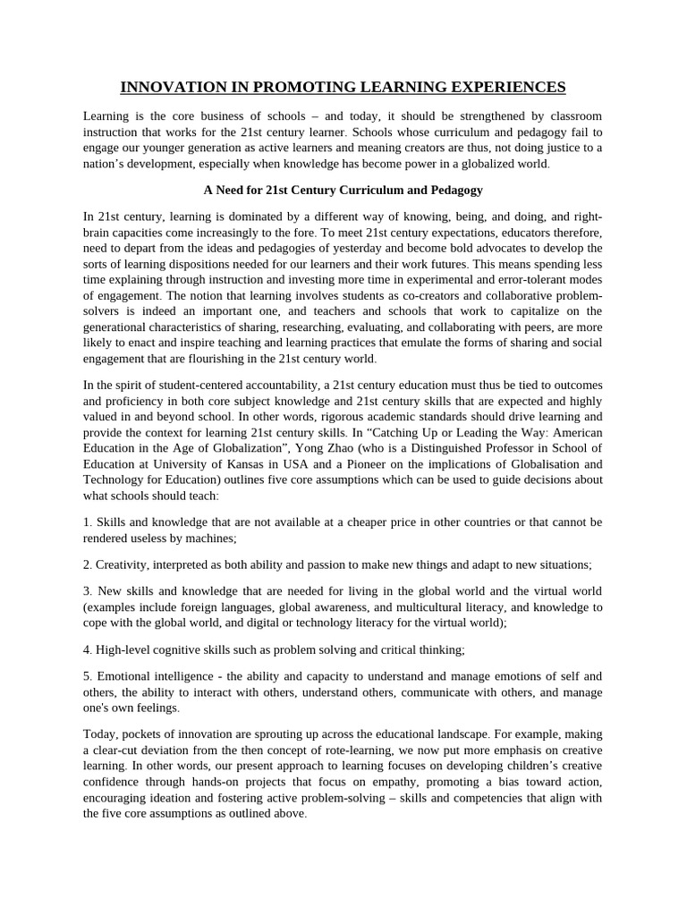 Innovation in Promoting Learning Experiences | PDF | Pedagogy | Learning