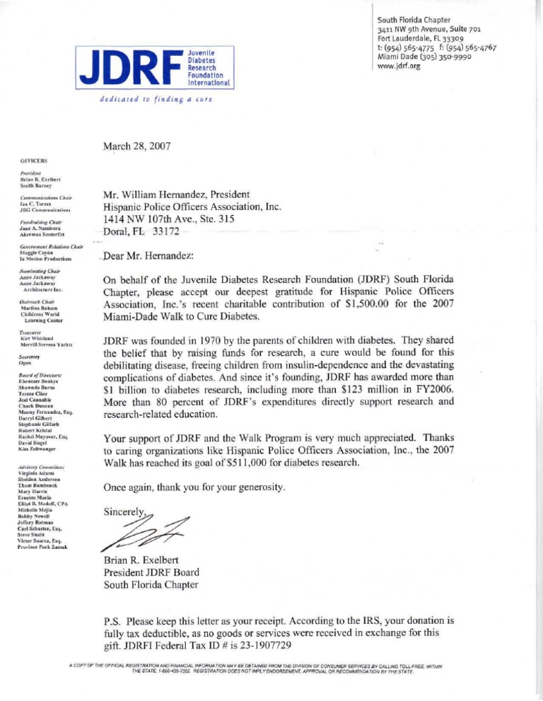 JDRF Thank You Letter | PDF | Business