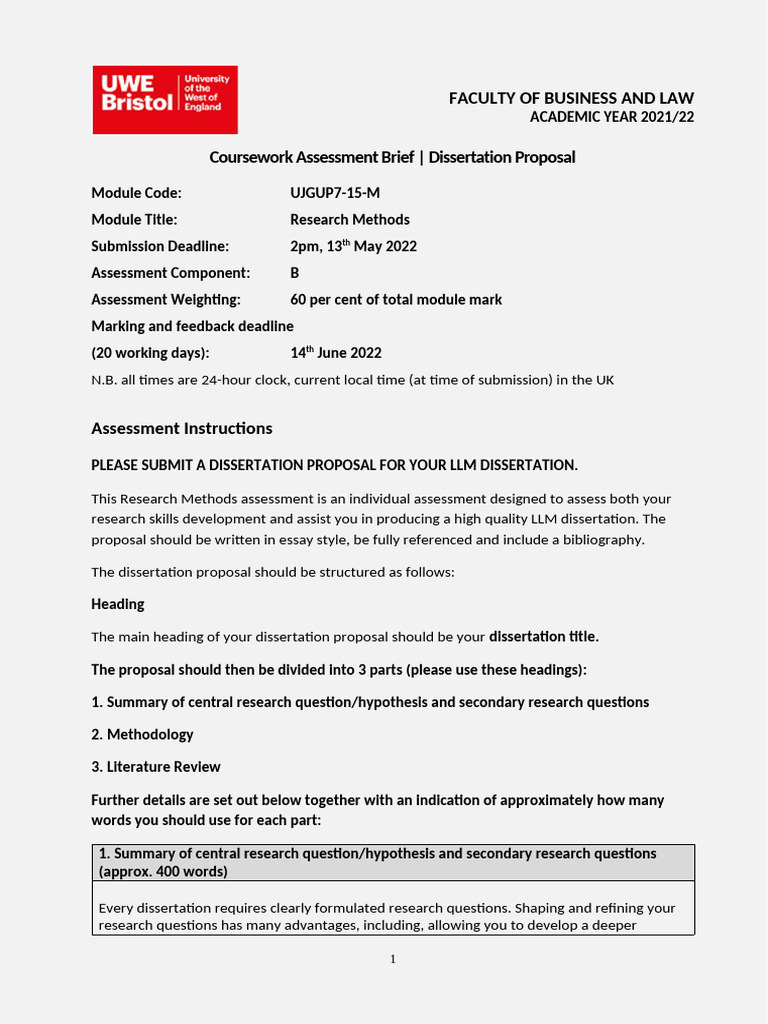 Research Methods Dissertation Proposal Assessment Brief Jan 2022 | PDF ...