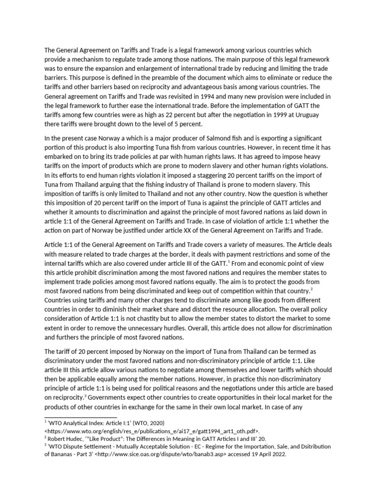 The General Agreement On Tariffs and Trade Is A Legal Framework Among ...