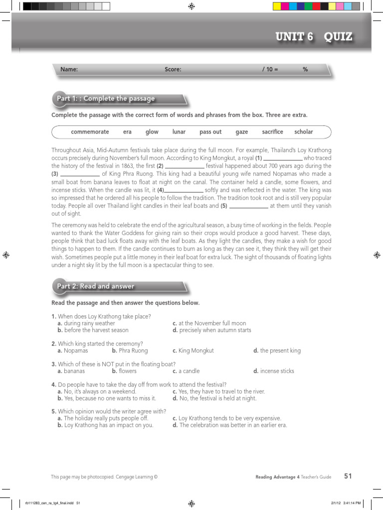 Reading Advantage 4-Quiz Unit 6 | PDF