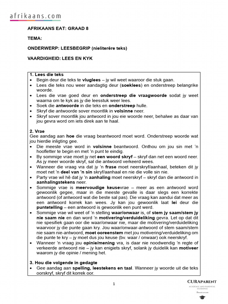 GR 8 EAT Lees en Kyk Hersiening Leesbegrip Nie-Literere Teks - Avj | PDF