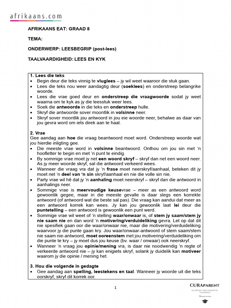 GR 8 EAT Korrekte - Lees en Kyk Leesbegrip | PDF
