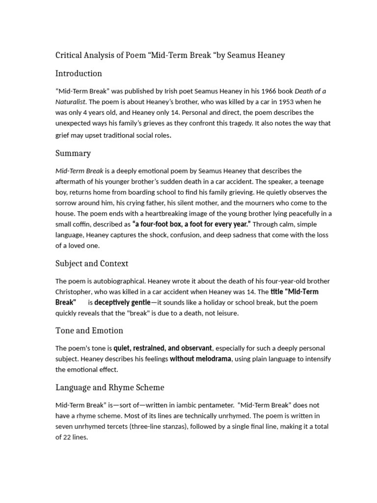 Critical Analysis of Poem Midterm Break | PDF | Poetry | Grief