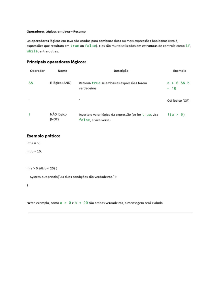 Operadores Lógicos em Java - Resumo | PDF