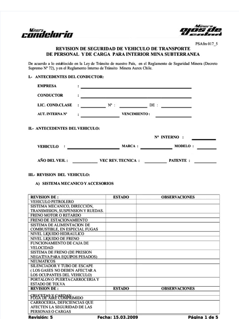 Revisión de Seguridad Vehicular Mina | PDF