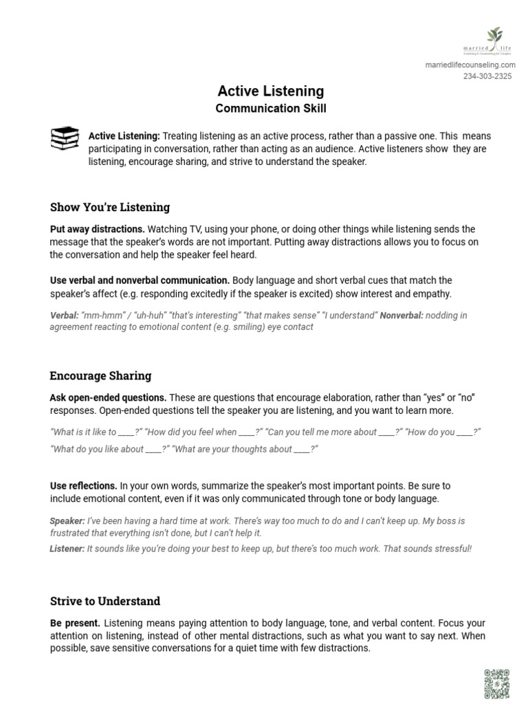 Active Listening Handout PDF | PDF | Nonverbal Communication | Body ...