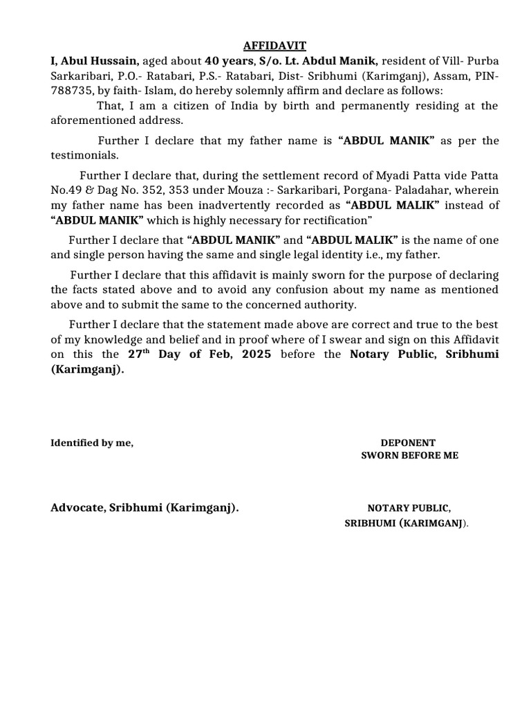 Name Correction Affidavit - in Land Records - Prabhash Namasudra | PDF