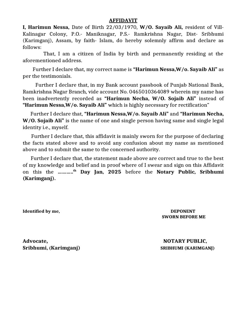 NAME CORRECTION AFFIDAVIT - IN LAND RECORDS - MUDARICH TAPADAR NOTARY | PDF