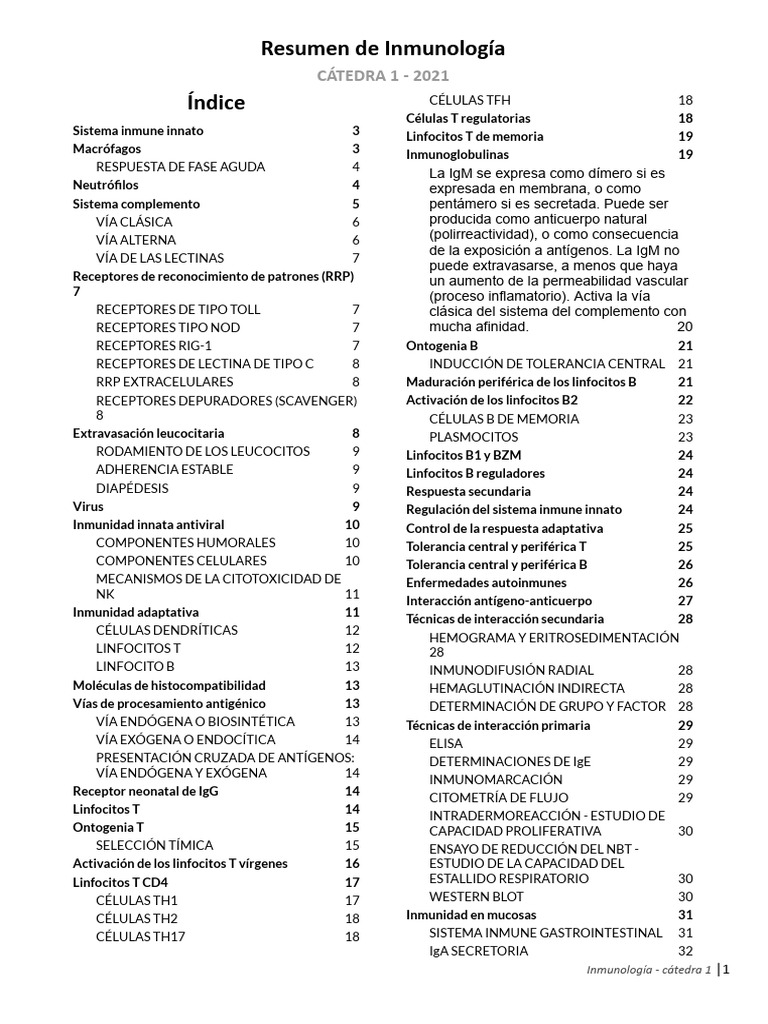 Resumen Inmuno - Cátedra 1 | PDF | Sistema complementario | Complejo mayor de histocompatibilidad