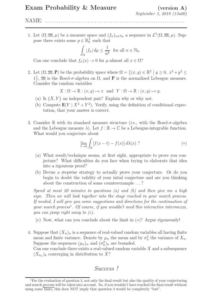 Exam on Probability and Measure Theory | PDF | Conjecture | Random Variable