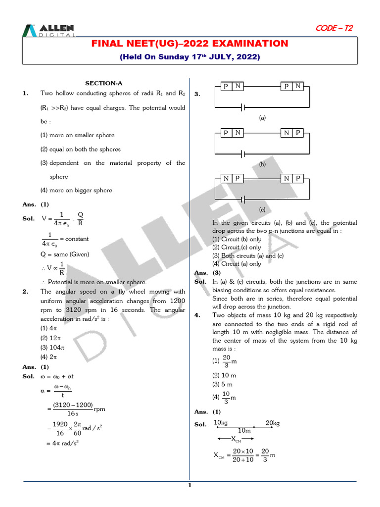 NEET Full Paper 2022 | PDF | Electromagnetic Radiation | Alternating ...