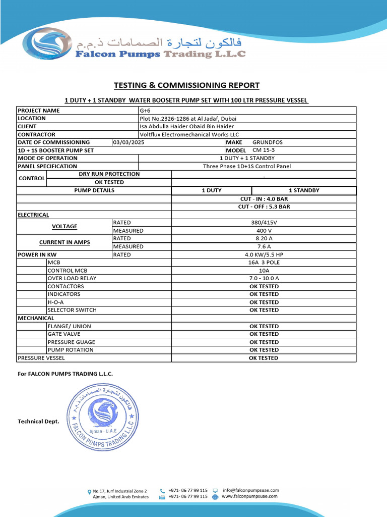 Commissioning Report CM 15-3 (Booster Pump) | PDF | Electrical ...