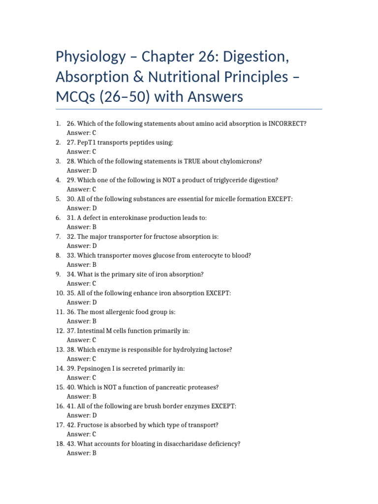Digestion & Nutritional MCQs with Answers | PDF