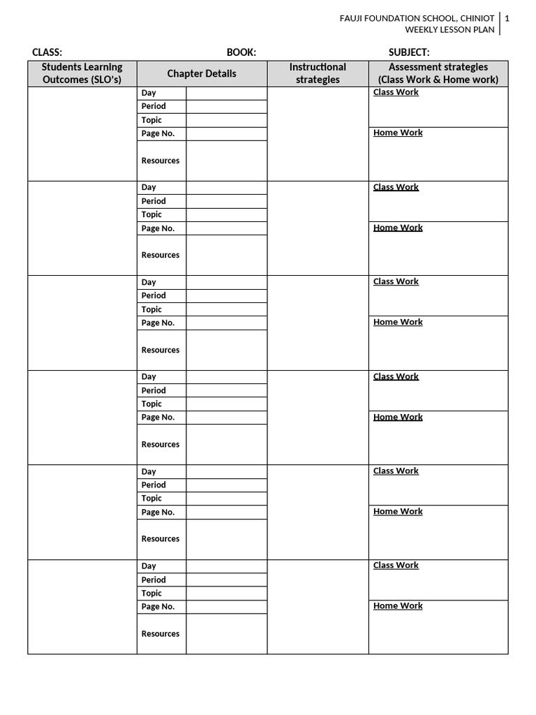 2025-26 Weekly Lesson Plan Format | PDF